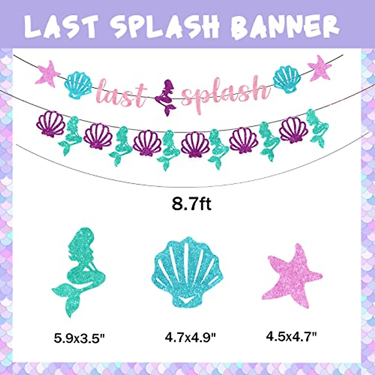 Last Splash Bachelorette Party Decorations, Hombae Mermaid Bachelorette Party Bridal Shower Fringe Curtain Mermaid Tail Sea Shell Ring Balloon Glitter Banner Cake Topper Teal Blue Purple Pink