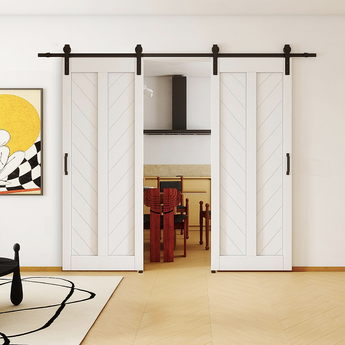 SOLRIG Sliding Barn Door 72"(36" X 2) ×84", Double Pre-drilled Barn Door Slab, Need to Assemble, DIY Unfinished, 2X Barn Doors Hardware Included, V Frame, White