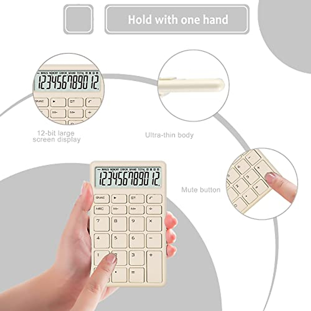 VEWINGL 12 Digit Calculator,Hold with one Hand,4 Function Calculator with Large LCD Display for Office,School,Home & Business Use,Automatic Sleep,5.4 * 3.3in