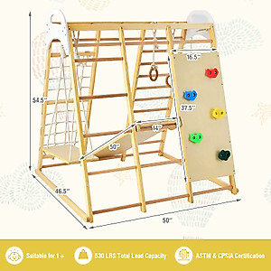 Costzon Indoor Jungle Gym, 8-in-1 Montessori Climbing Toys for Toddlers with Slide, Climbing Rock/Net, Monkey Bars, Indoor Wooden Playground Climber Playset for Kids 3-6 Years Birthday