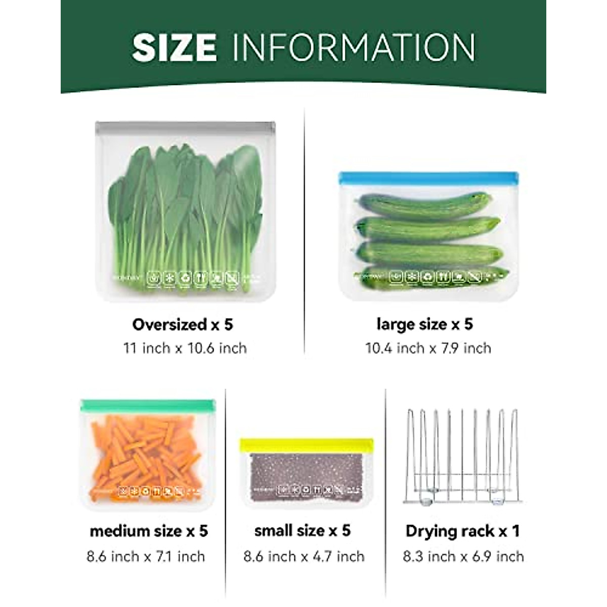 20 Pack Reusable Food Storage Bags and 1 Silicone Bag Drying Rack, Reusable Freezer Bags Assorted Sizes(5 Snack Bags+5 Sandwich Bags+5 Quart Bags+5 Gallon Bags) for Fruits Meat and Veggies