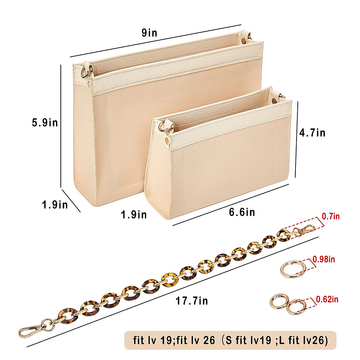 Vercord Purse Insert Organizer 26 Toiletry Pouch Insert with Leopard Acrylic Chain Strap Beige L