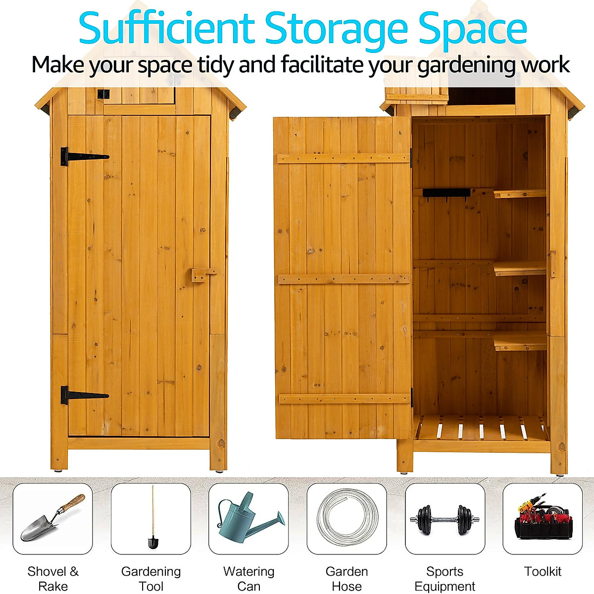 Outdoor Storage Cabinet, Garden Wood Tool Shed, Outside Wooden Shed Closet with Shelves and Latch for Yard, Patio, Deck and Porch,30.3”L X 21.3”W X 70.5”H (Natural)