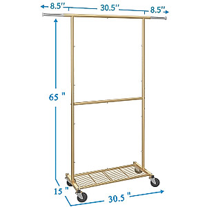 Simple Trending Standard Clothing Garment Rack, Rolling Clothes Organizer with Wheels and Bottom Shelves, Extendable, Golden Yellow
