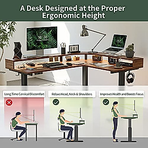 FEZIBO Triple Motor L Shaped Stadning Desk with LED Strip & Power Outrlets，63 inches Height Adjustable Stand up Corner Desk with Ergonomic Monitor Stand, Black Frame/Black Walnut Top