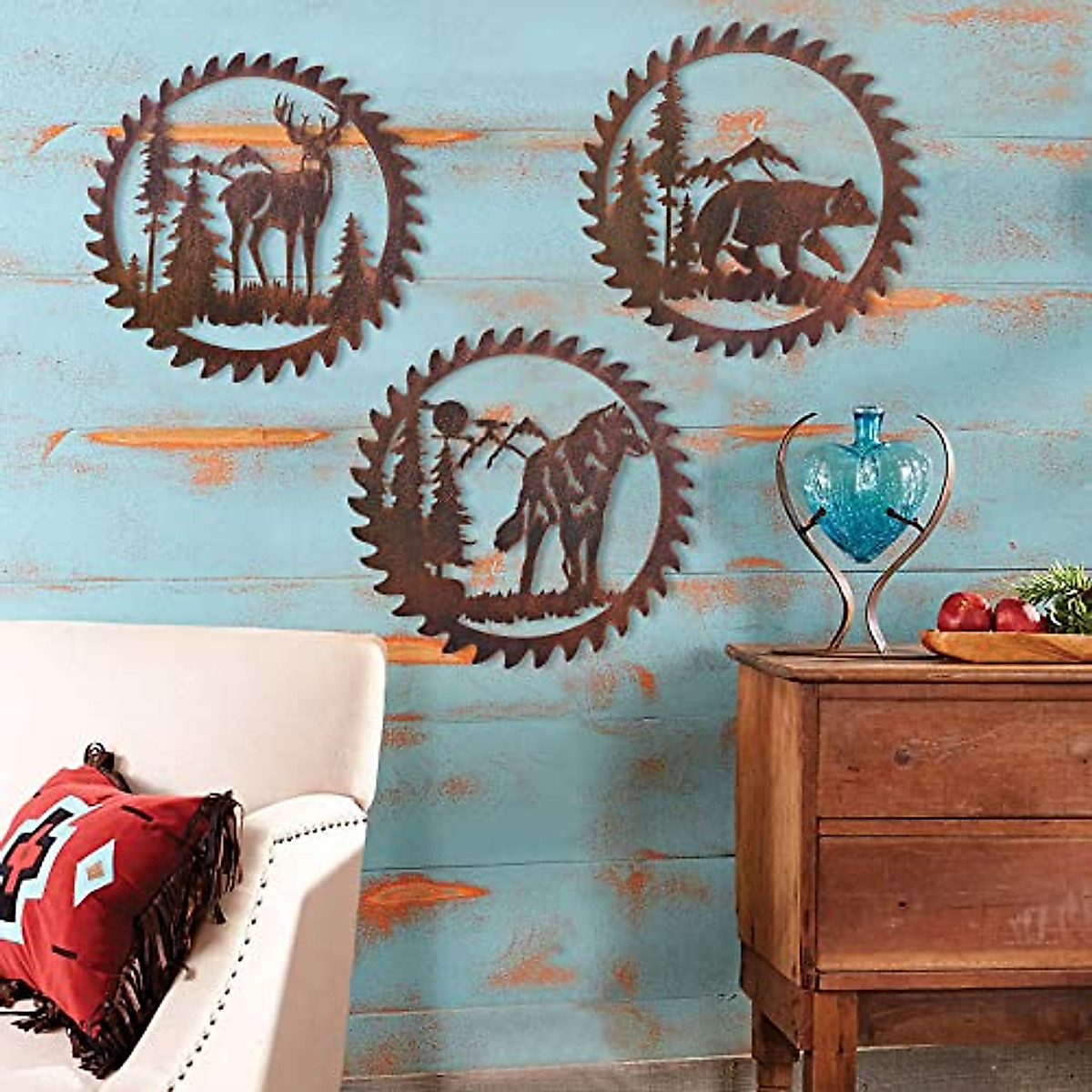 WAIU Metal Cabin Wall Art Decor Deer Bear Wolf in the Forest Pine Tree, 9 Inch Set of 3 Rustic Bronze Concise Saw Blade Decoration Hanging for Living Room Bedroom Bathroom Indoor Outdoor, Lodge