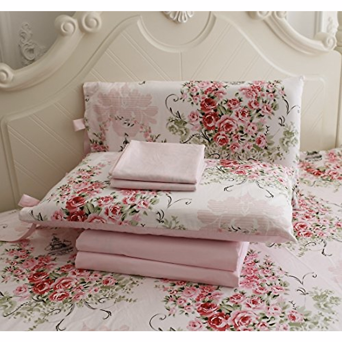 FADFAY Shabby Floral Bedding Set Queen Size Sheet Set 4 Piece Premium 100% Cotton Pink Rose Pattern :1 Deep Pocket Fitted Sheet, 1Flat Sheet, 2 Pillowcases (Standard Size)