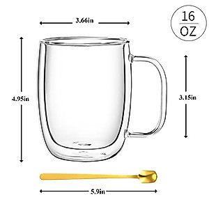 2-Pack 16 Oz Double Walled Glass Coffee Mugs with Handle Spoon,Insulated Layer Coffee Cups,Clear Borosilicate Glass Mugs,Perfect for Cappuccino,Tea,Latte,Espresso,Hot Beverage,Wine