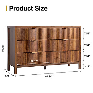 XUZENEST Fluted 6 Drawer Double Dresser for Bedroom, 47" Wide Modern Closet Dressers Chest of Drawers, Wood Storage Dresser Organizer for Nursery Bedroom Living Room Hallway Closet, Walnut