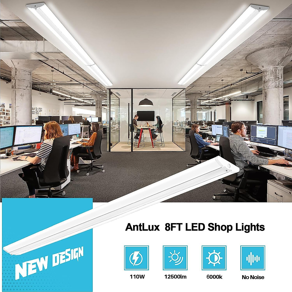 ANTLUX 8FT LED Shop Light 110W [6-lamp T8 Fluorescent Equiv.], Compact 8 Foot Strip Lights, 12500LM, 6000K, Commercial Grade Flush Mount Ultra Slim LED Wraparound for Garage Office Warehouse, 2 Pack