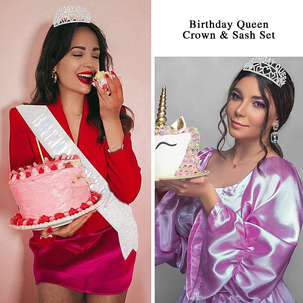 Birthday Queen Crown and Birthday Queen Sash Kit, Aprince Birthday Crowns for Women Girls Tiaras and Crowns for Women Birthday Tiara for Girl Silver Crown and Silver Sash for Women 21st Crystal Crown