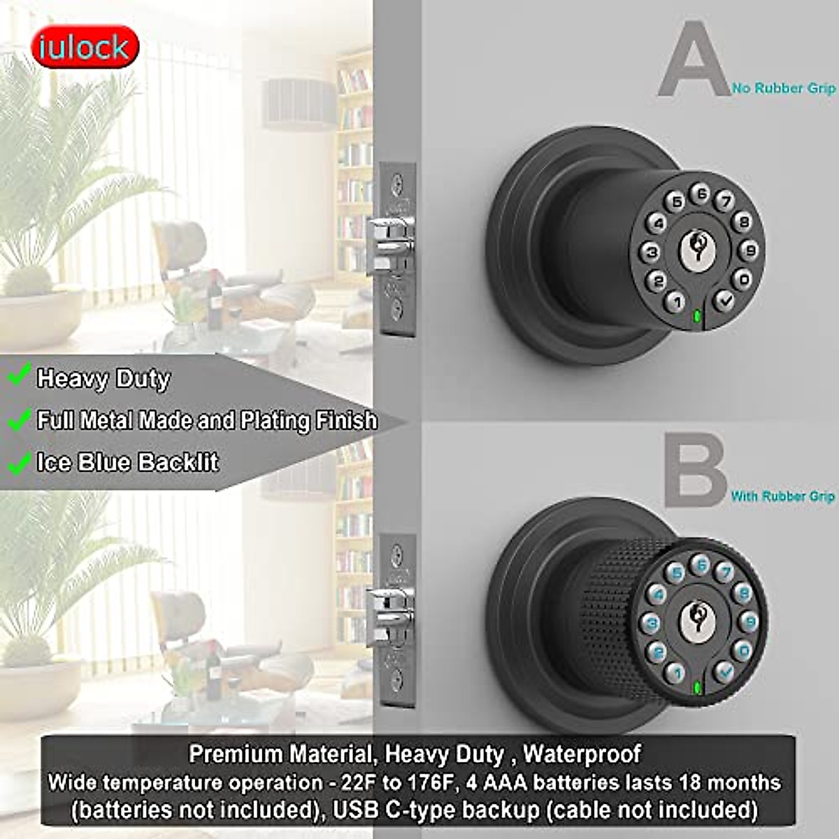 iulock Smart Door Knob with Keypad and Key,Keyless Entry Door Lock with Rubber Grip, Auto Lock,50 User Code,Waterproof, Easy to Install and Program for Bedroom Garage Office Gate (Matte Black)