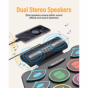 9 Pads Electronic Drum Set, 19×13 Inch Roll-Up Drum Portable Drum Pad Kit With MIDI Education Function, Built-in Speaker, Supports headphone/Bluetooth, Great Holiday Birthday Gift for Kids – Colorful