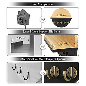 Gurfuy Key Holder for Wall with Shelf - Wood Mail Organizer and Rack with Shelf Hooks Wall Mounted for Entryway Decor Magazines Letter Storage Farmhouse Living Room Bedroom Doorway Black