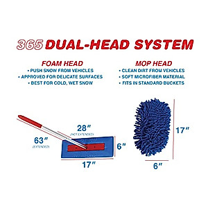 SNOBRUM 365 - Snow Remover for Cars and Trucks with Microfiber Mop Head for Cleaning - 2-in-1 Snow and Car Cleaning Brush for Year Round Use - 28 to 63 Inch Automotive Brush with Foam and Mop Head