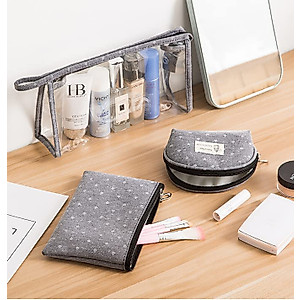 3 piece set of transparent waterproof PVC+canvascosmetic bag grey imperial crown
