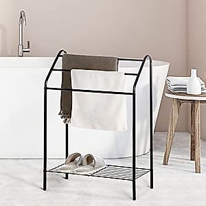 MyGift 3 Tier Matte Black Metal Bathroom Towel Bar Rack, Freestanding Laundry Room Clothes Drying Stand with Bottom Storage Shelf
