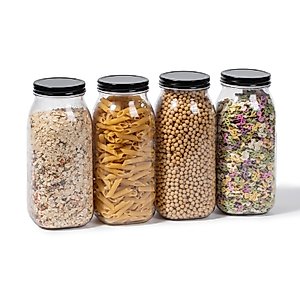 novelinks 4 Pack 64 OZ Plastic Wide Mouth Mason Jars with Airtight Lids - Wide Mouth Half Gallon Large Mason Jar 64 OZ Storage Canning Jar for Kitchen & Household Storage (Black)