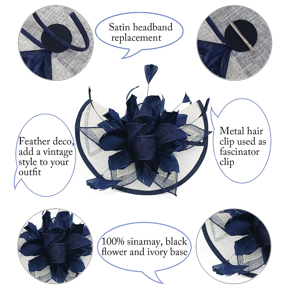 Z&X Navy Blue And White Fascinator Hat Sinamay Feather Floral Derby Hat For Women, Fascinator 1- Navy Blue+White, ONE SIZE