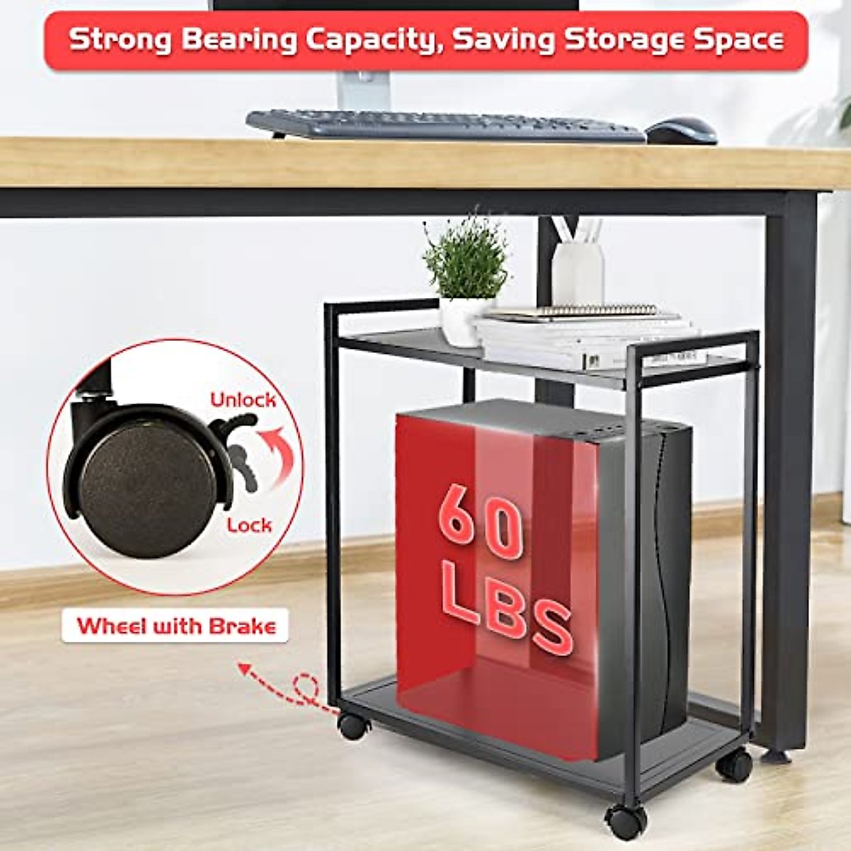 Liitrton Computer Tower Stand, 2-Tier CPU Stand PC Stand with Lockable Wheels Under Desk for Office Home (L)
