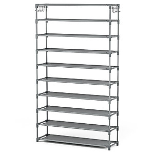 LANTEFUL 10 Tiers Shoe Rack 50 Pairs Large Capacity Tall Shoe Organizer Sturdy Shoe Storage with Two Hooks Space Saving Metal Wide Shoe Rack for Closet, Entryway, Bedroom, Grey