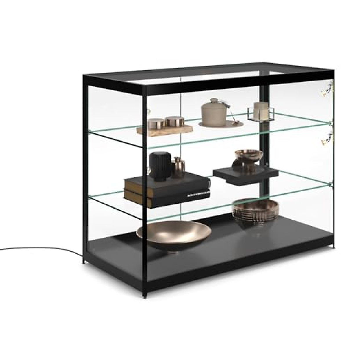 Displays2go 48 Inch Glass Display Case, LED Side Lights, Lockable Sliding Door - Black (IAPCT48LED)
