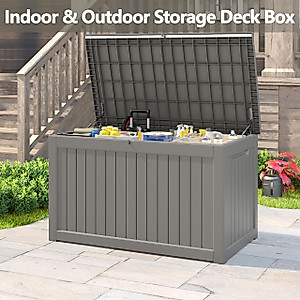 NUNU LAB 230 Gallon Outdoor Storage Box, Deck Box, Waterproof Resin Storage Bin for Patio Cushions for Patio Furniture Cushions, Garden Tools, Lockable, UV Resistant (Grey)