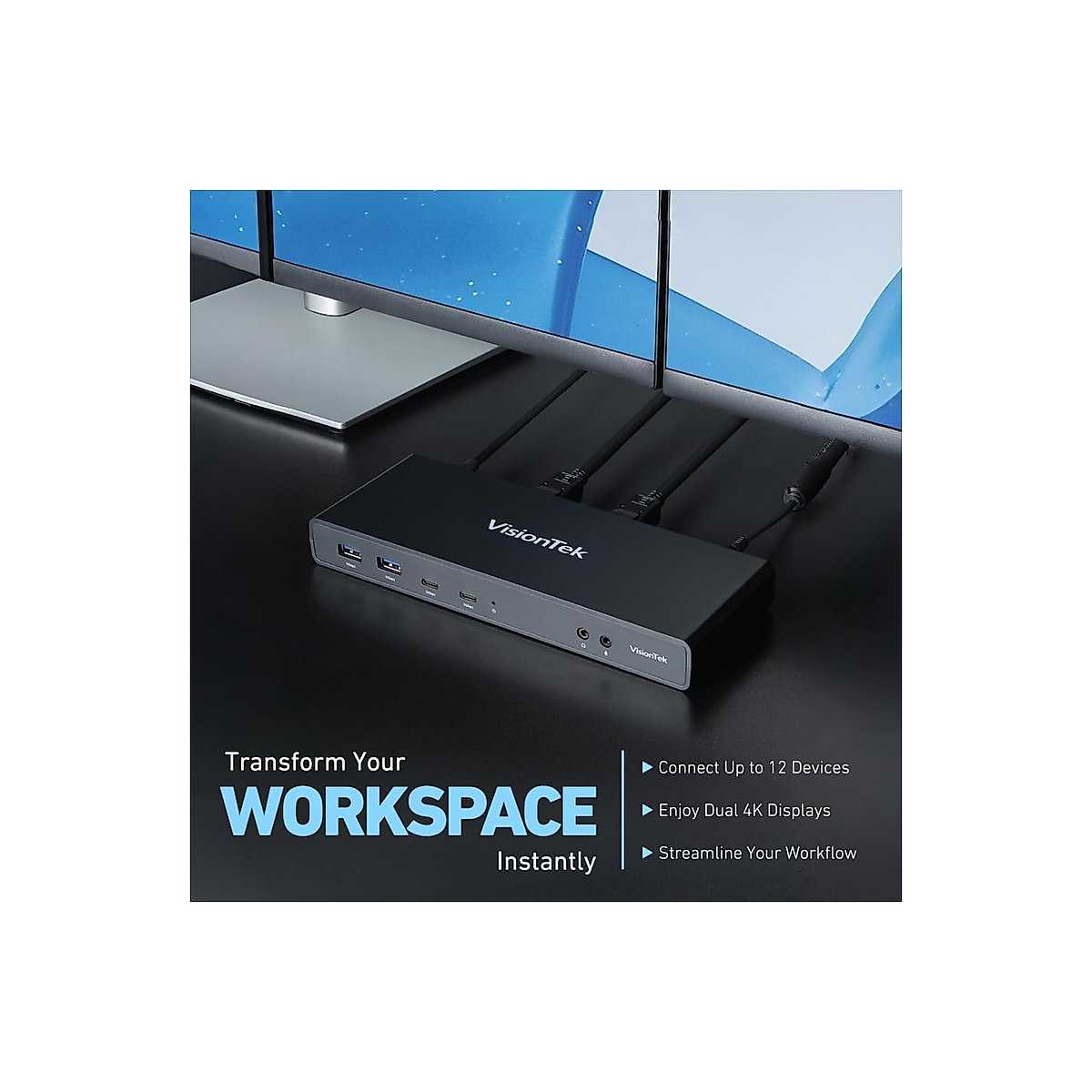 VisionTek VT4500 12in1 Docking Station Dual Monitor 4K – x2 HDMI, x2 DisplayPort, 60W USB-C PD, x4 USB-A 3.0, x2 5Gbps USB-C, 3.5mm Audio Jack, & Ethernet – Compatible with Laptop, PC, and MacBook