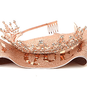 CURASA Rose Gold Birthday Queen Crown and Sash Birthday for Women Birthday Crowns Decorations Birthday Tiara and Sash for Women Princess Tiara with Comb Princess Crown Girl Tiara Party for Girls
