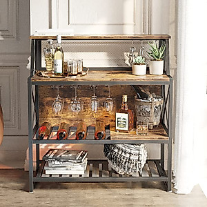 Bestier Bar Table with Storage Coffee Bar Cabinets for Liquor and Glasses, Wine Rack Freestanding Floor with Glass Holder for Home Kitchen Dining Room Basement,Rustic Brown