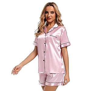 Finvizo Womens Silk Satin Pajamas Set: Soft Short Sleeve Two-piece Pjs Silky Button-down Sleepwear Loungewear Shorts Set,Pink S