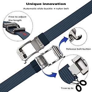 JUKMO Ratchet Belt for Men, Nylon Web Tactical Belt with Automatic Slide Buckle, Adjustable Trim to Fit (Blue, For Waist 20"-40" (Length 47"))