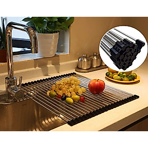 SHUYUE Roll Up Dish Drying Rack Over The Sink Dish Drying Rack Portable Stainless Steel Rolling Rack Kitchen Rolling Dish Drainer Sink Rack Mat Dish Racks for Kitchen Sink Counter (Black)