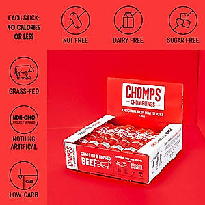 CHOMPS Snack Size Grass Fed Beef Jerky Meat Snack Sticks, Keto, Paleo, Whole30 Approved, Sugar Free, Low Carb, Nitrate Free, Gluten Free, High Protein, Non-GMO, 40 Calories 0.5 Oz, Original Beef 24 Pack