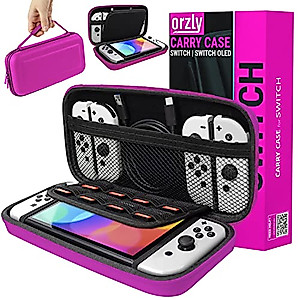 Orzly Carry Case Compatible with Nintendo Switch and New Switch OLED Console - Pink Protective Hard Portable Travel Carry Case Shell Pouch with Pockets for Accessories and Games