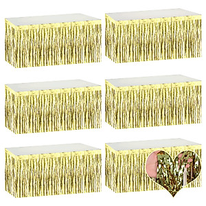 6 Pack 29x108 Inch Light Gold Metallic Foil Fringe Table Skirts Banner for Tinsel Streamer Garland Curtains Backdrop for Parade Floats Wedding Baby Shower Birthday Christmas Halloween Party Decoration