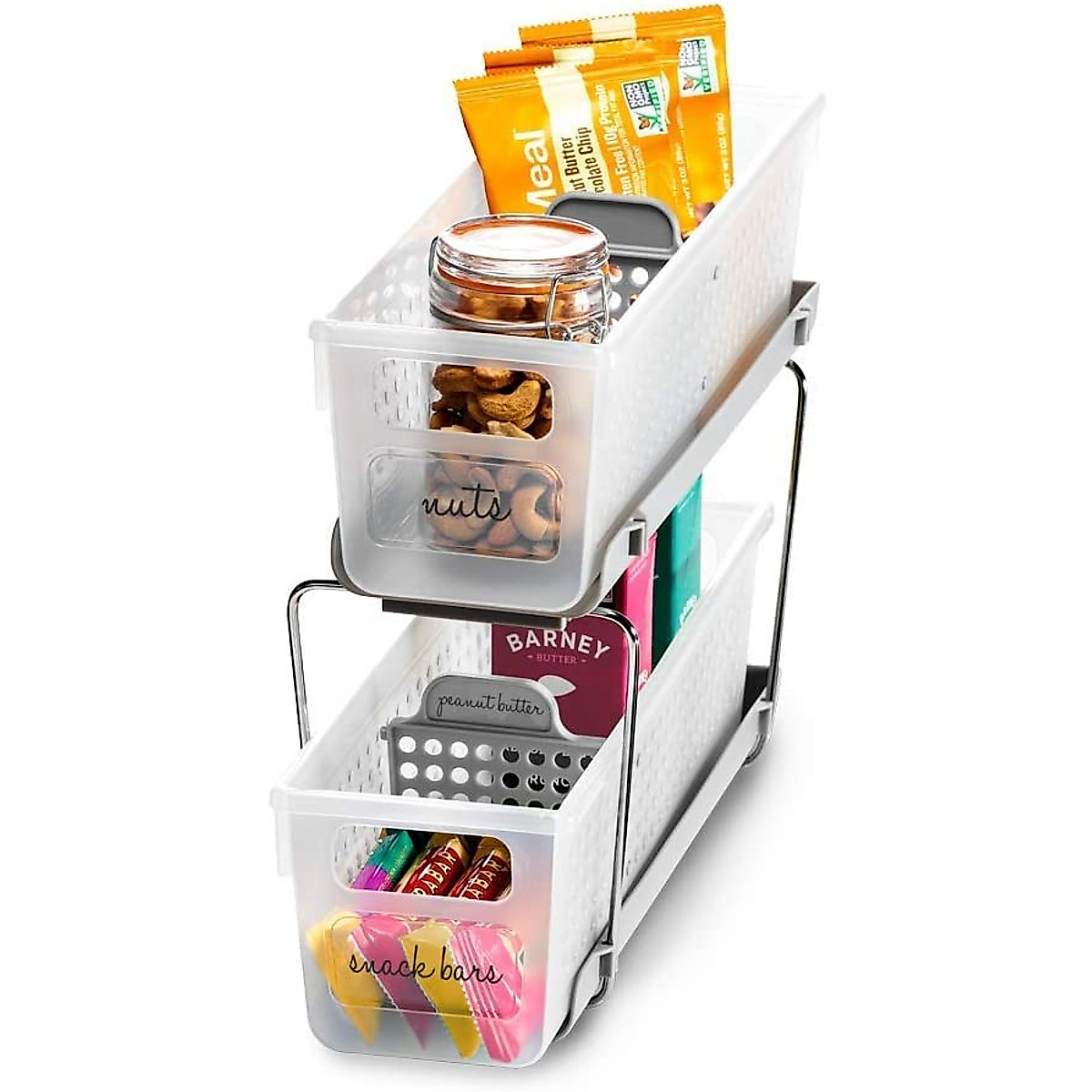 madesmart Mini 2-Tier Organizer, Multi-Purpose Slide-Out Storage with Handles and Dividers for Home and Bath, Frost