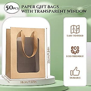 50 Pcs Paper Gift Bags with Transparent Window Kraft Shopping Bags with Handles 9.8 x 7.1 x 5.1 in Clear Gift Bags Small Transparent Window Bag for Valentine's Day Present Festival Party (Brown)