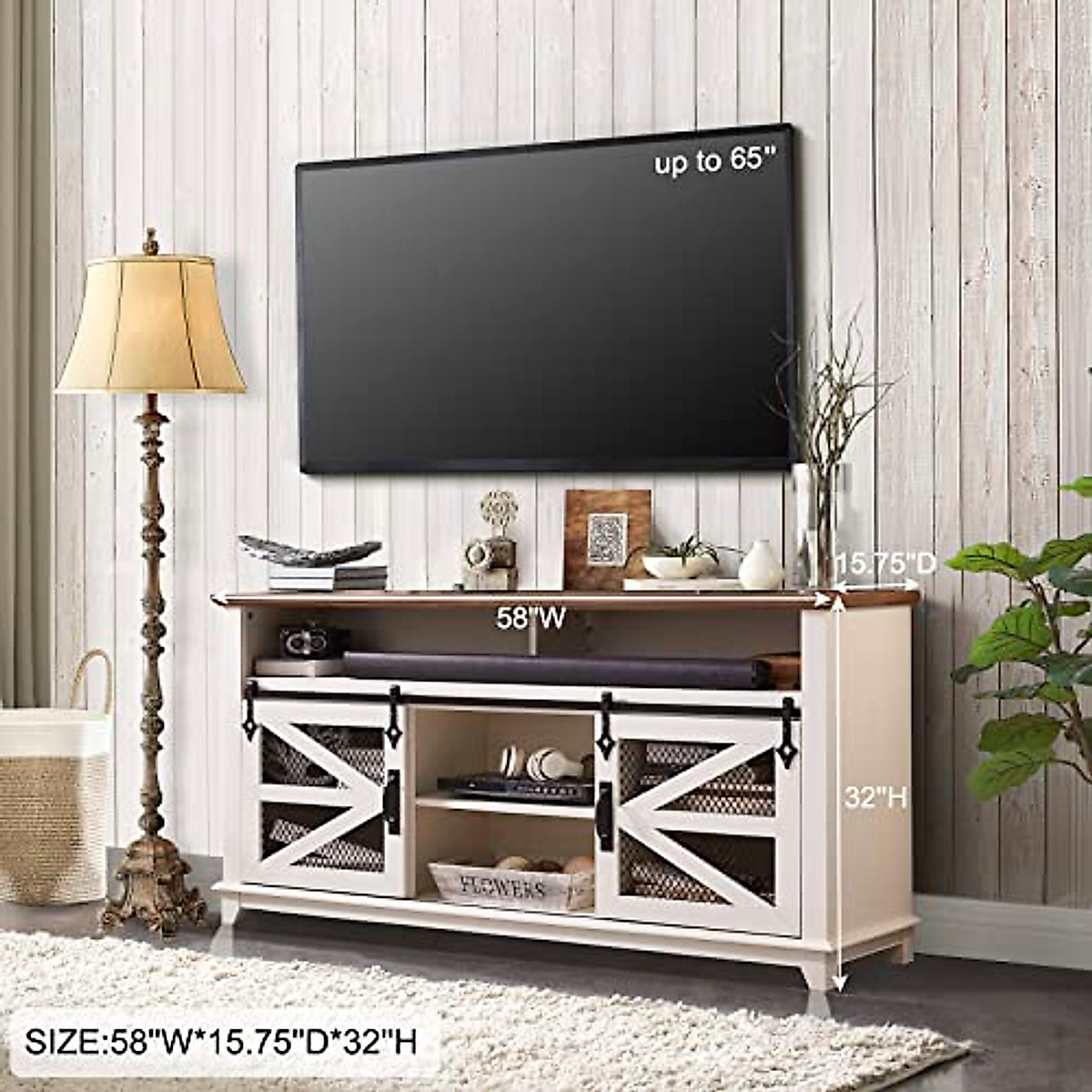 OKD Farmhouse TV Stand for 65+ Inch TV, Industrial & Farmhouse Media Entertainment Center w/Sliding Barn Door, Rustic TV Console Cabinet w/Adjustable Shelves for Living Room, Antique White
