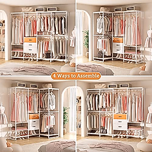 Cyclysio 84'' Heavy Duty Closet System, Large Wooden Garment Rack, L Shape Corner Walk-in Closet, Clothing Rack with Shelves, Closet Organizer System with 11 Shelves, 3 Wood Drawers, 6 Rod, White