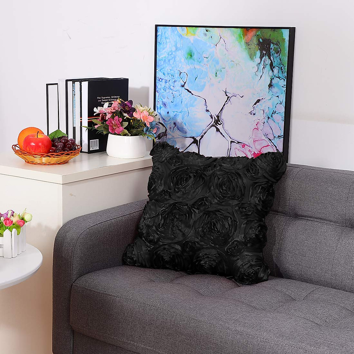 PiccoCasa 3D Flowers Throw Pillow Cover, Romantic Decorative Satin Cushion Cover, Stereo Roses Pillow Cover for Bed Sofa Couch, 16'' x 16'', Black