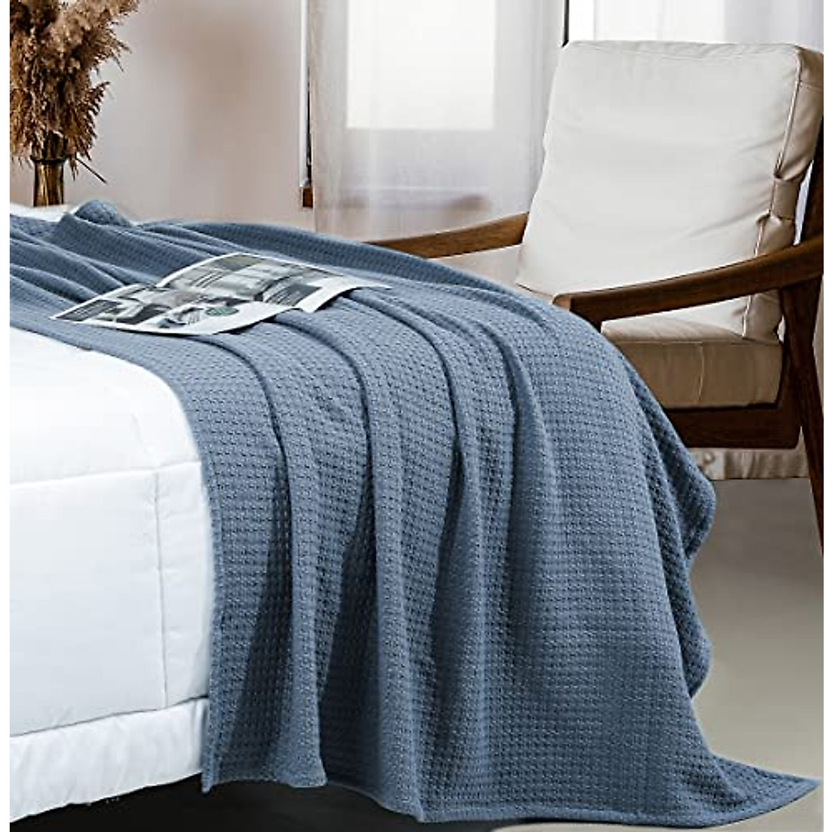 HILLFAIR 100% Cotton Throw Blankets- 50 x 60 inch- Skin Friendly, Soft, Lightweight and Breathable Throw Blanket Luxury Cotton Throws for Bed, Couch and Sofa, All Season Cotton Throw Blankets- Blue