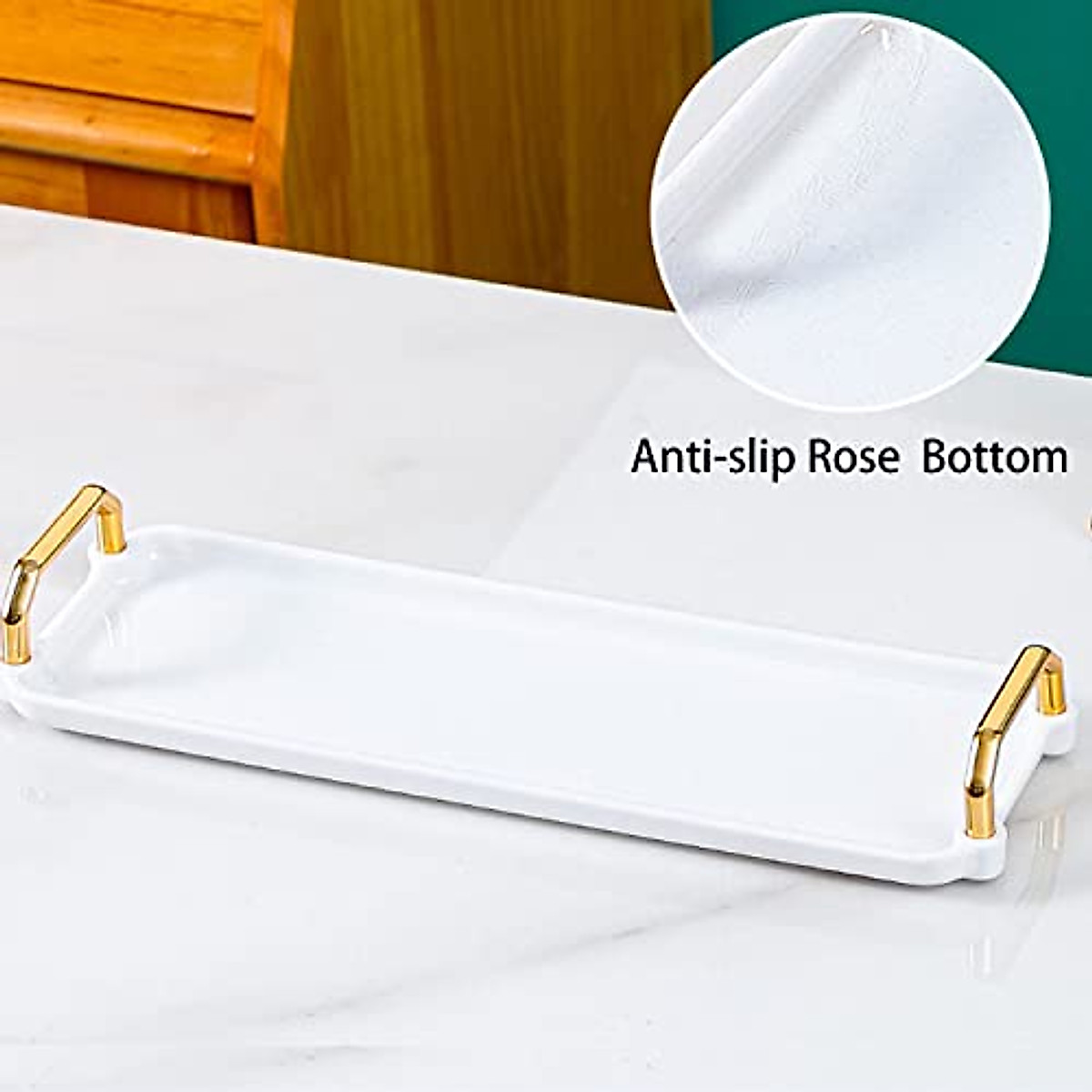 2 Pack Plastic Serving Tray with Gold Handle, 12 x 4 inch White Decorative Tray with 1”Wall, Long Narrow Coffee Table Tray Rectangular Tea Tray Decor with for Living Room Countertop Bathroom S Halyuhn