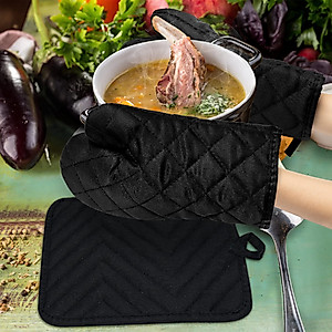 R HORSE 4Pcs Oven Mitts Pot Holders Set for Kitchen, Cotton Lining Heat Resistant Oven Gloves Black Kitchen Mittens Hot Pads Pot Holder with Pocket & Hanging Loop Trivets for Cooking Baking Grilling