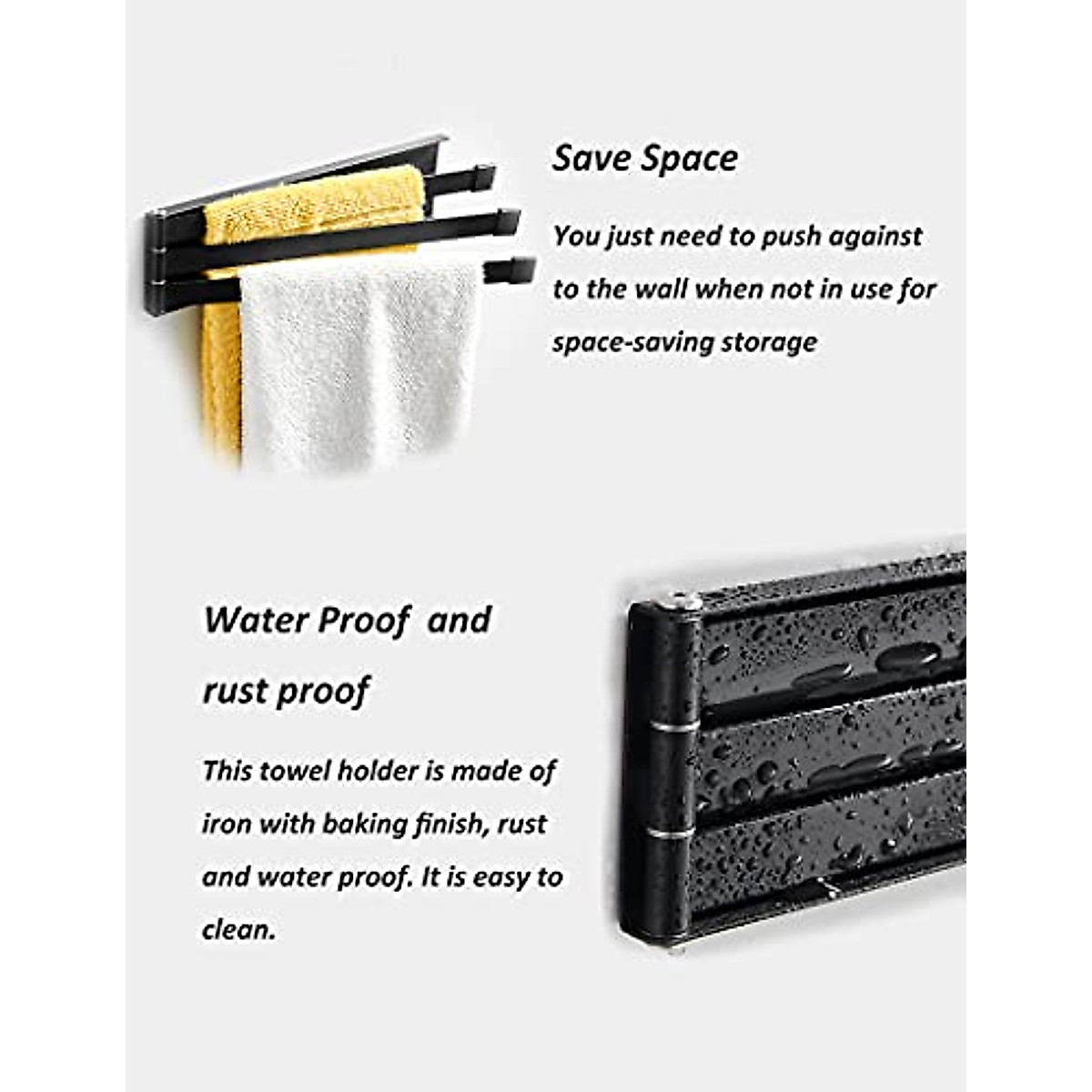 MAOERFUL 3 Swing Arms Towel Holder Wall Mount Towel Rack Dish Rag Dishcloths Washcloth Storage Organizer Hanger Swivel Hand Towel Bar for Sink Door Cabinet in Kitchen Bathroom (Black)