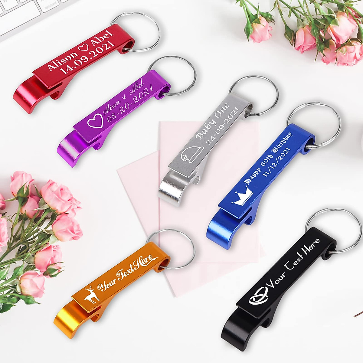 Personalized Custom Bottle Opener with Logo Text Engraved Bottle Opener Keychain Customized Beer Openers for Wedding Favors, Guessts, Baby Shower, Party, Dad Gift, Promote Business, 10PCS