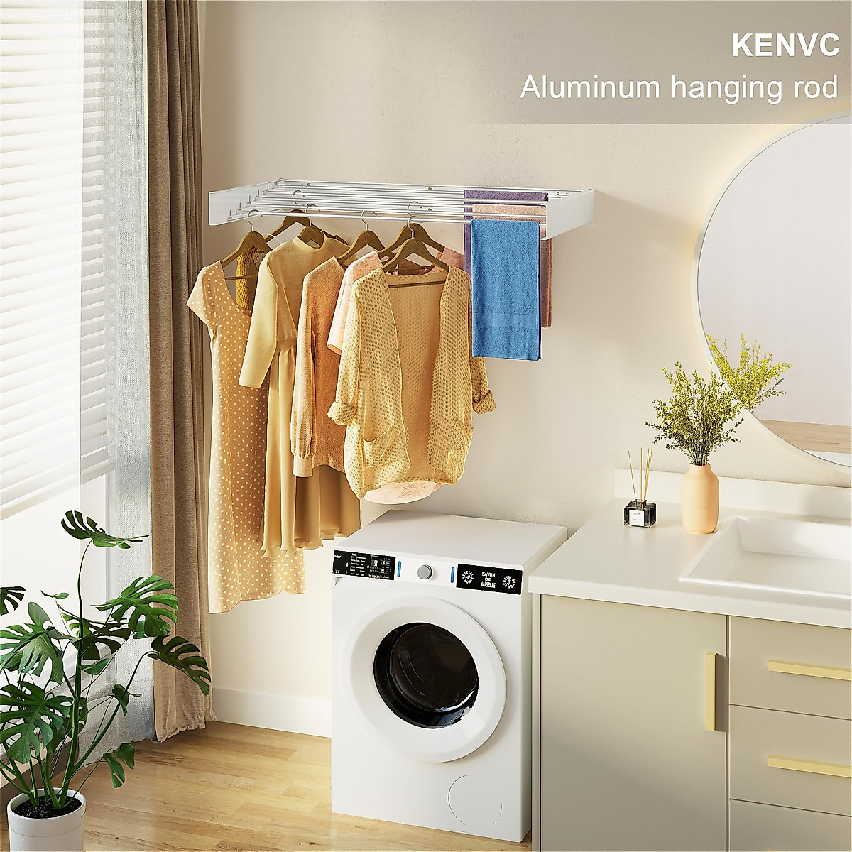 kenvc Laundry Drying Rack Collapsible, Wall Mounted, Clothes Drying Rack, 40" Wide, 16.4 Linear Ft, 5 Aluminum Rods, 60 lb Capacity, with Wall Template, Screwdriver Bit, Drill Bit (White 40" Large)