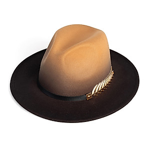 Gossifan Women Gradient Color Fedora Wide Brim Felt Panama Hat with Belt Buckle A Camel/Black