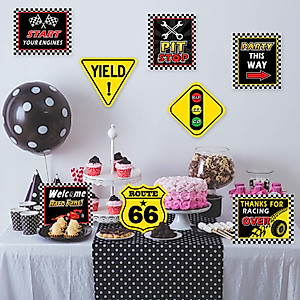 12 Pieces Racing Signs Race Car Party Decorations, 9.8-11.8 Inch Laminated Car Racing Decoration, Traffic Signs Cutouts, Road Racing Themed Party Signs, Racing Cutouts with 40 Glue Point Dots