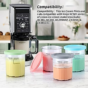 4 Pack Ice Cream Pints and Lids Compatible with Ninja NC501 Series Creami Ice Cream Makers,BPA-Free,Dishwasher Safe,Color Lids